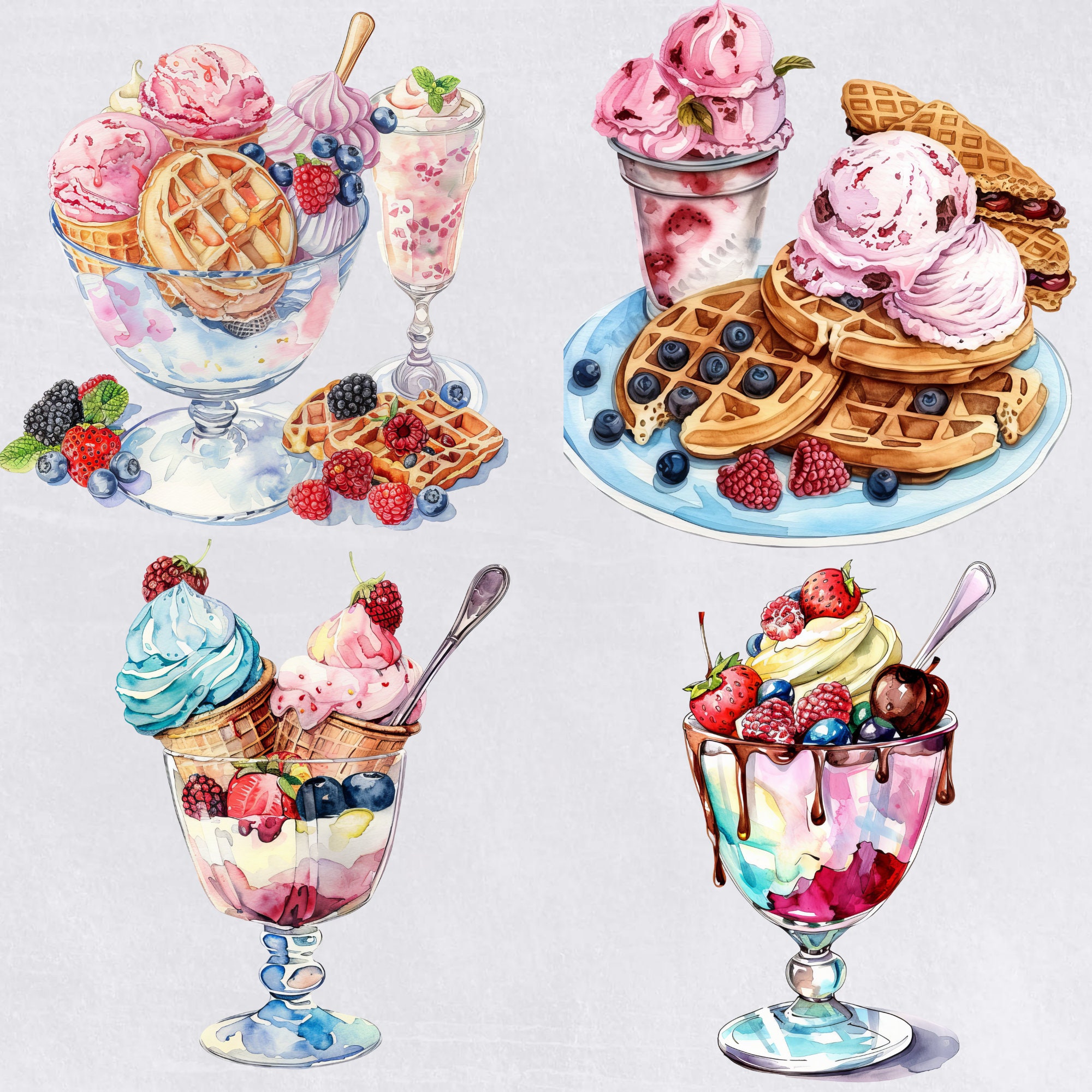 Ice Cream Sundae Clipart, Cones and Sundaes Graphics, Watercolor Summer ...