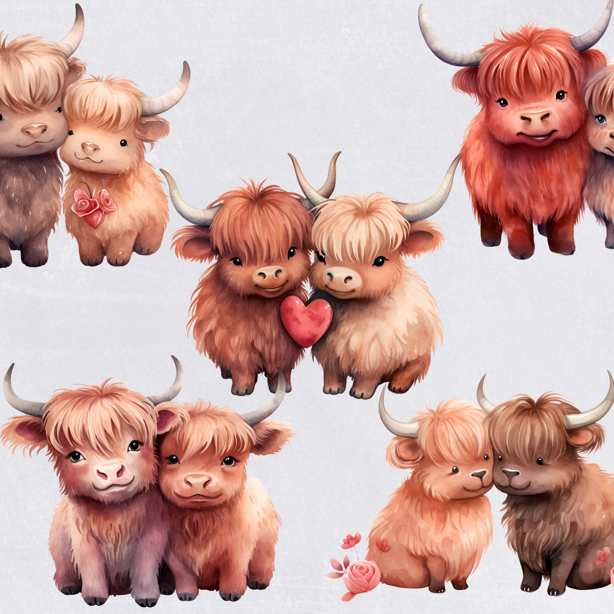 Highland Cow Valentine Clipart, Watercolor Valentine Couple Clip Art ...