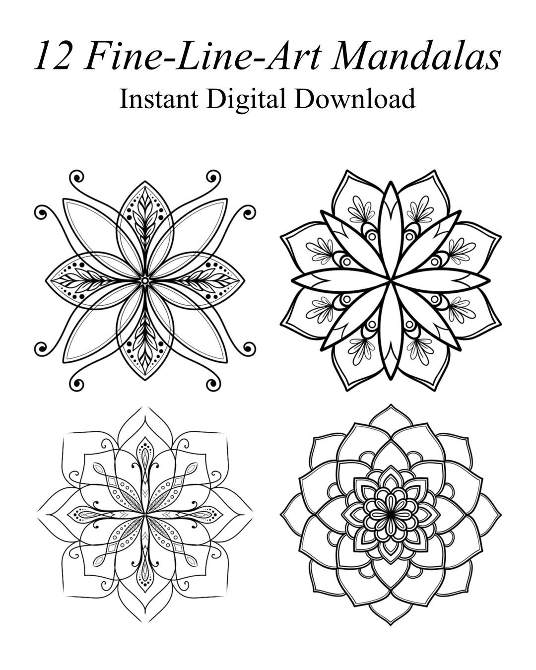 12 Fine Line Art Mandala Coloring Pages | Printable Black & White ...