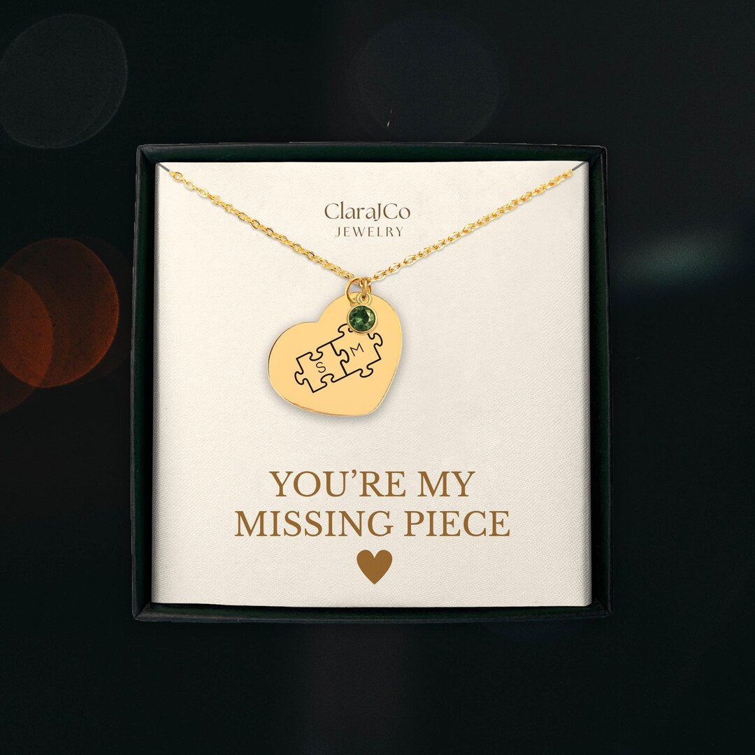 Missing Piece Heart Necklace With Birthstone: Engraved Puzzle Piece ...