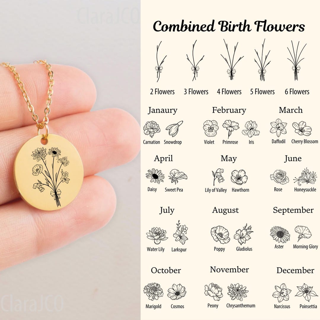 Personalized Combined Birth Flowers Necklace, Birthflowers Bouquet ...