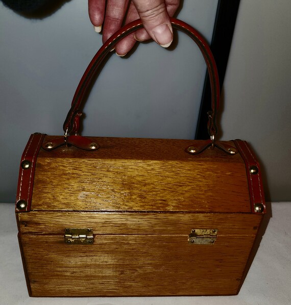 Vintage Box Purse 1960s Brown Wood Box Purse Gold Met… - Gem