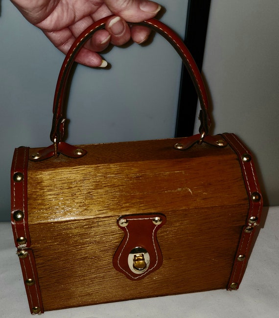 Vintage Box Purse 1960s Brown Wood Box Purse Gold Met… - Gem