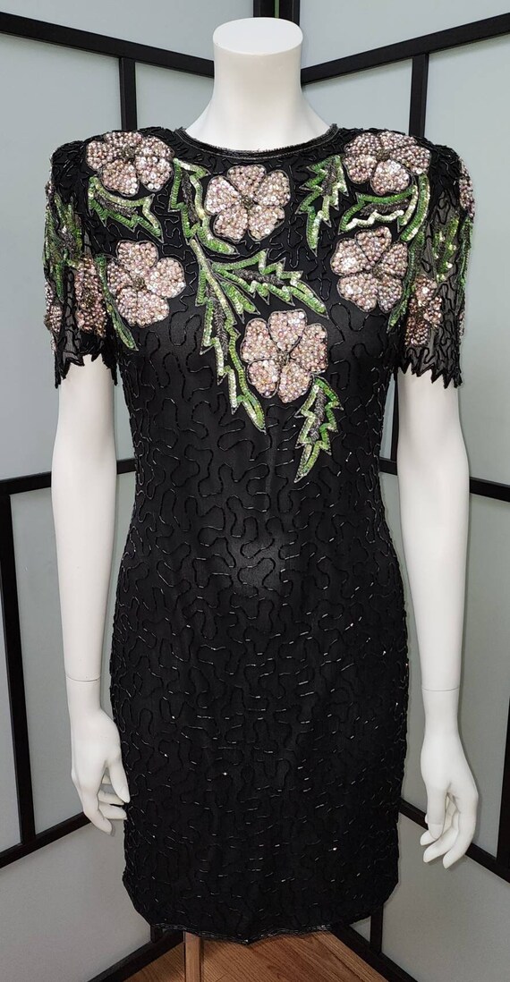 Vintage sequin dress 1990s pink floral beaded black s… - Gem