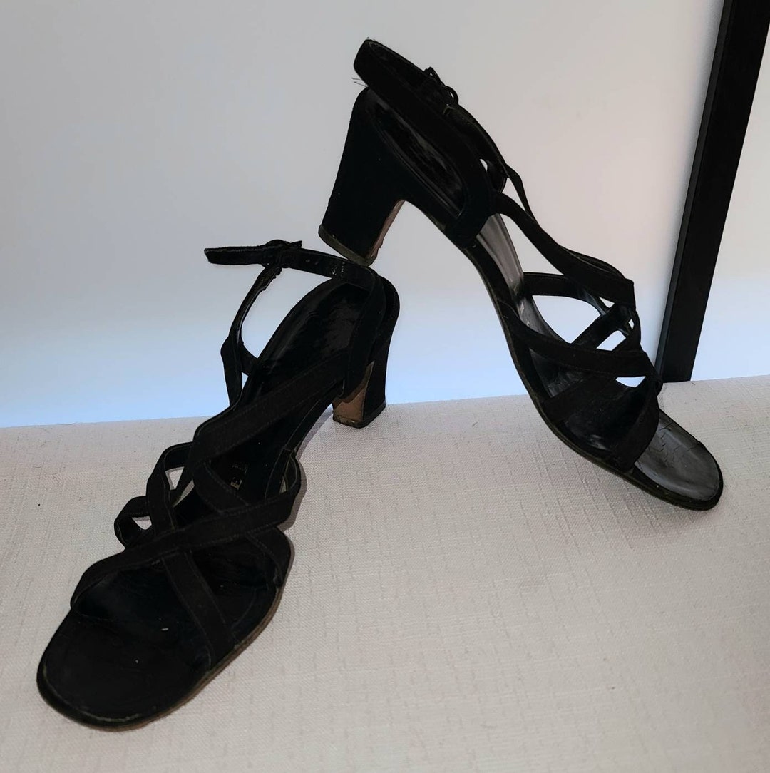 Vintage Evening Sandals 1950s 60s Black Suede Open Weave Sandals Shoes ...