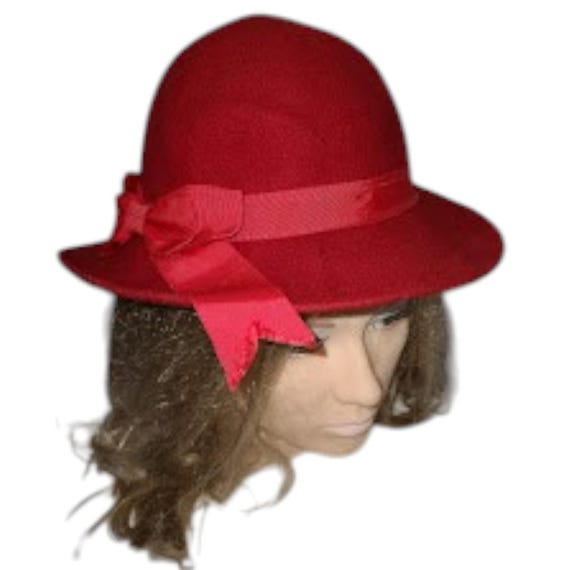 Vintage red hat 1960s 70s red felt bowler hat large r… - Gem