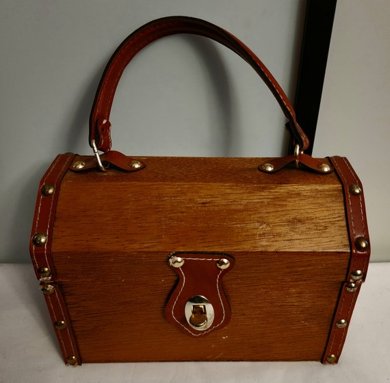 Vintage Box Purse 1960s Brown Wood Box Purse Gold Met… - Gem