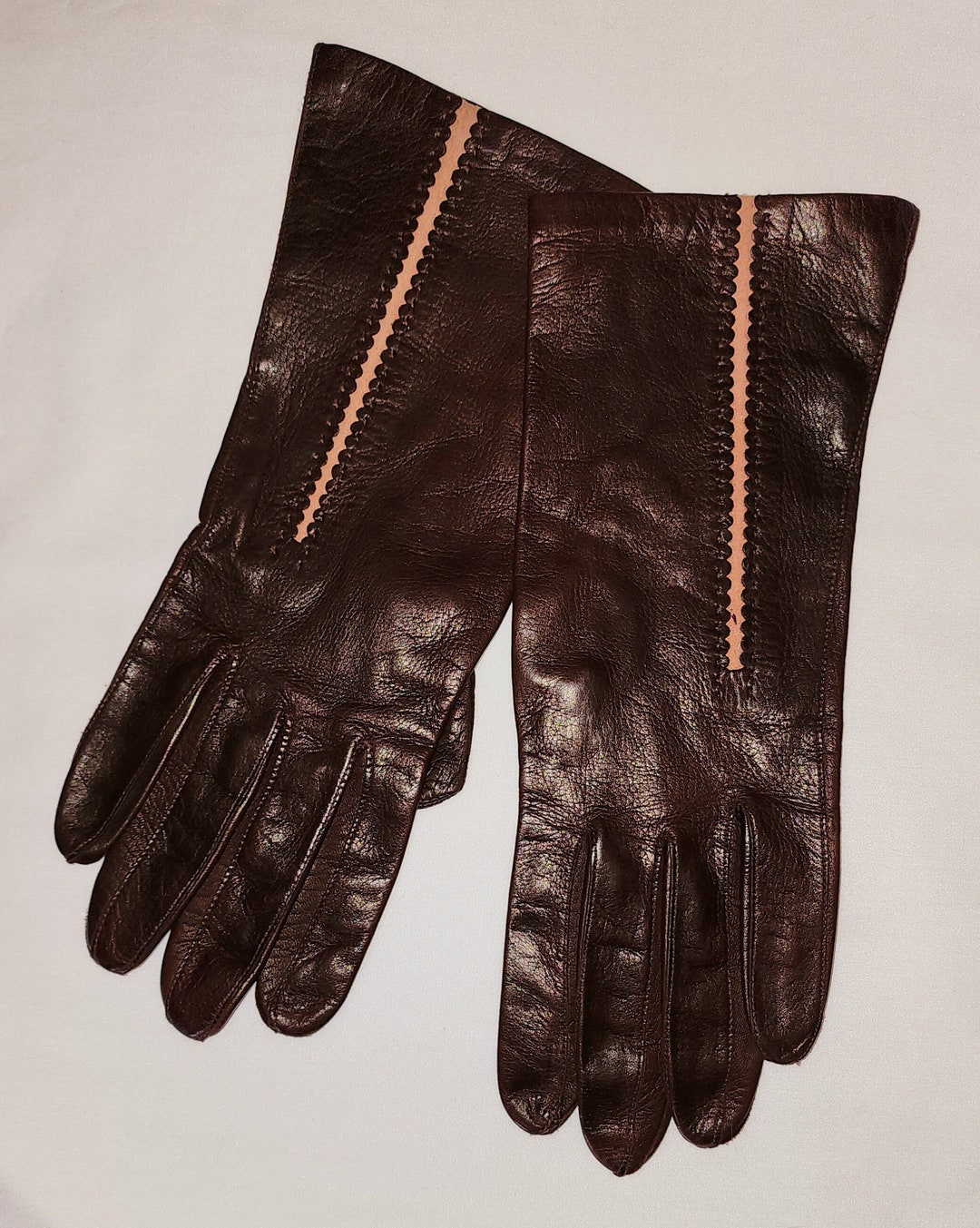 Vintage Leather Gloves 1960s 70s Midlength Dark Brown Tan Soft Leather ...