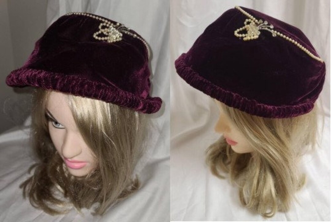 Sale Vintage 1940s Bonnet Style Hat Maroon Velvet Hat Tiny Pearl Trim ...