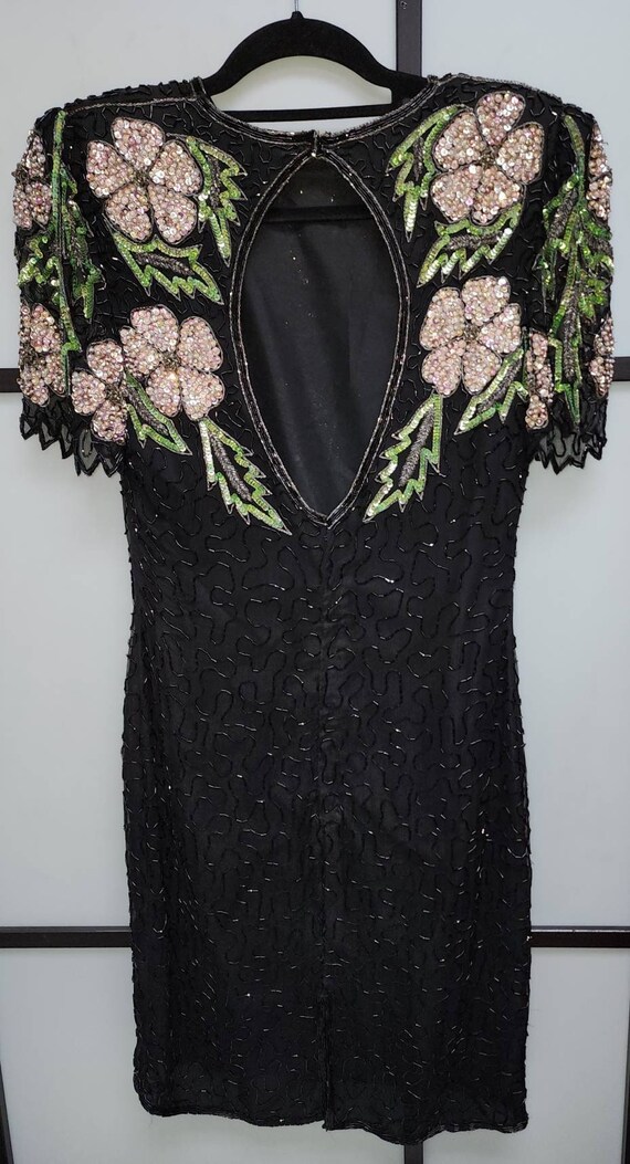 Vintage sequin dress 1990s pink floral beaded black s… - Gem