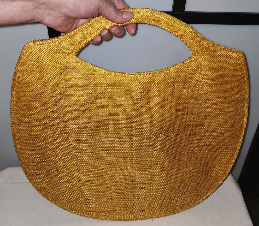 Vintage Yellow Tote 1980s 90s Round Bright Yellow Stiff Linen Burlap ...