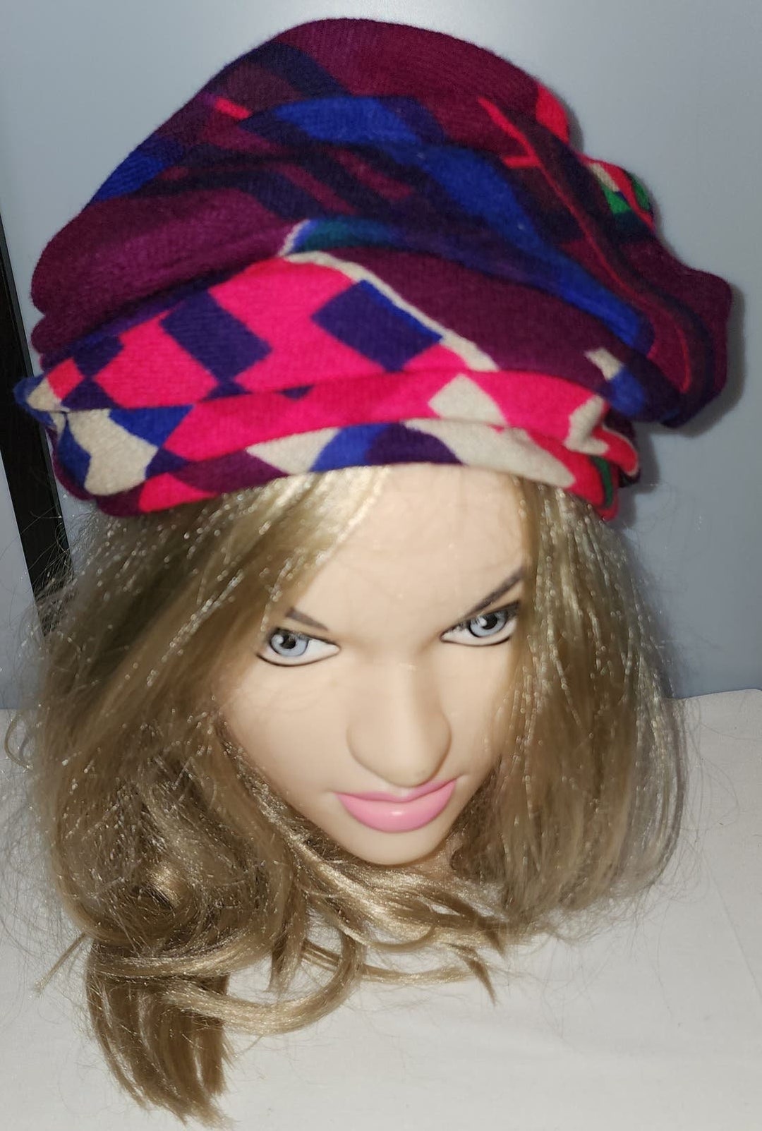 Vintage Turban Hat 1950s 60s Bright Colorful Geometric Print Turban ...