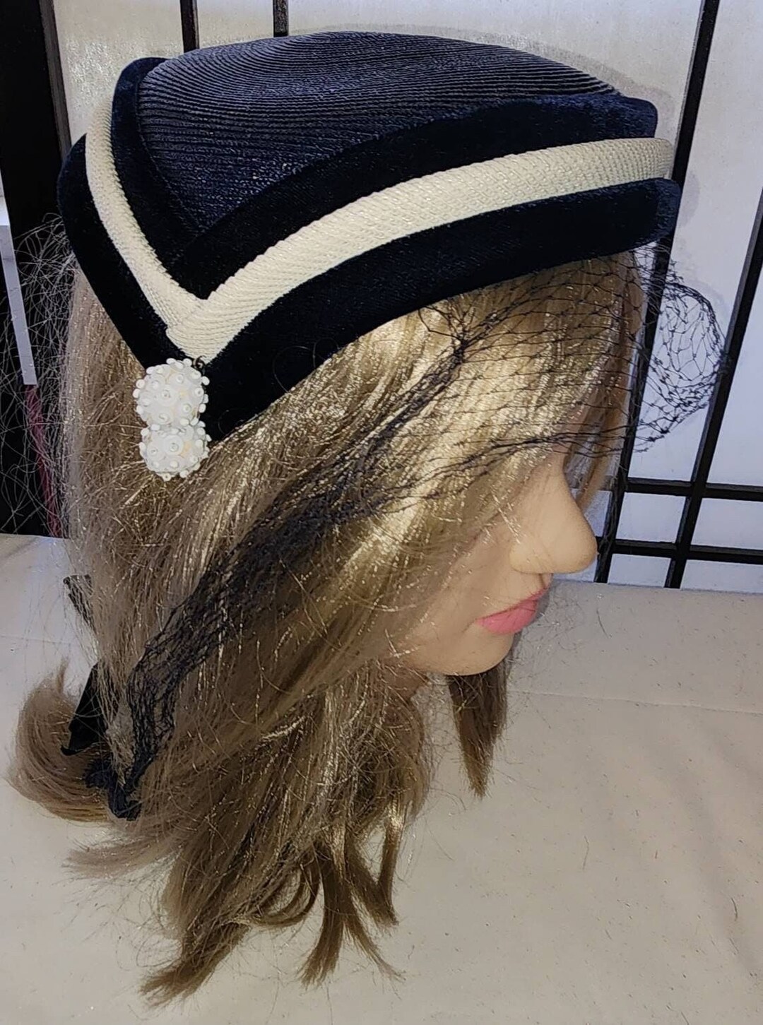 Vintage Asymmetric Hat 1950s Dark Navy Blue White Hat Sequin Ball ...