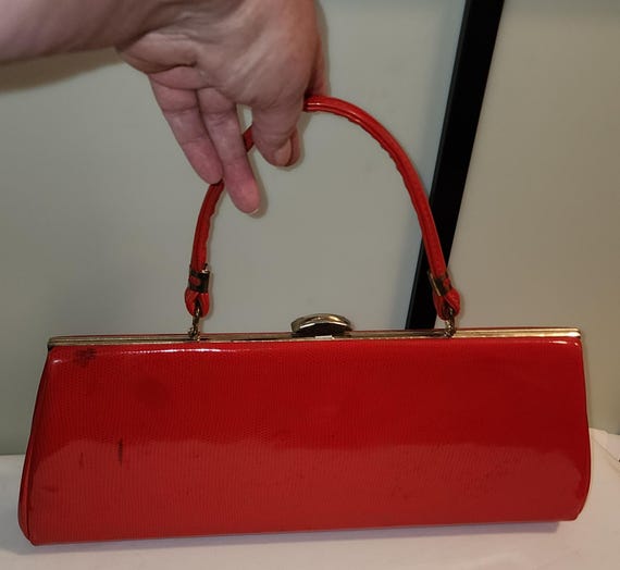 Vintage Red Purse 1950s 60s Long Bright Red Shiny Vin… - Gem