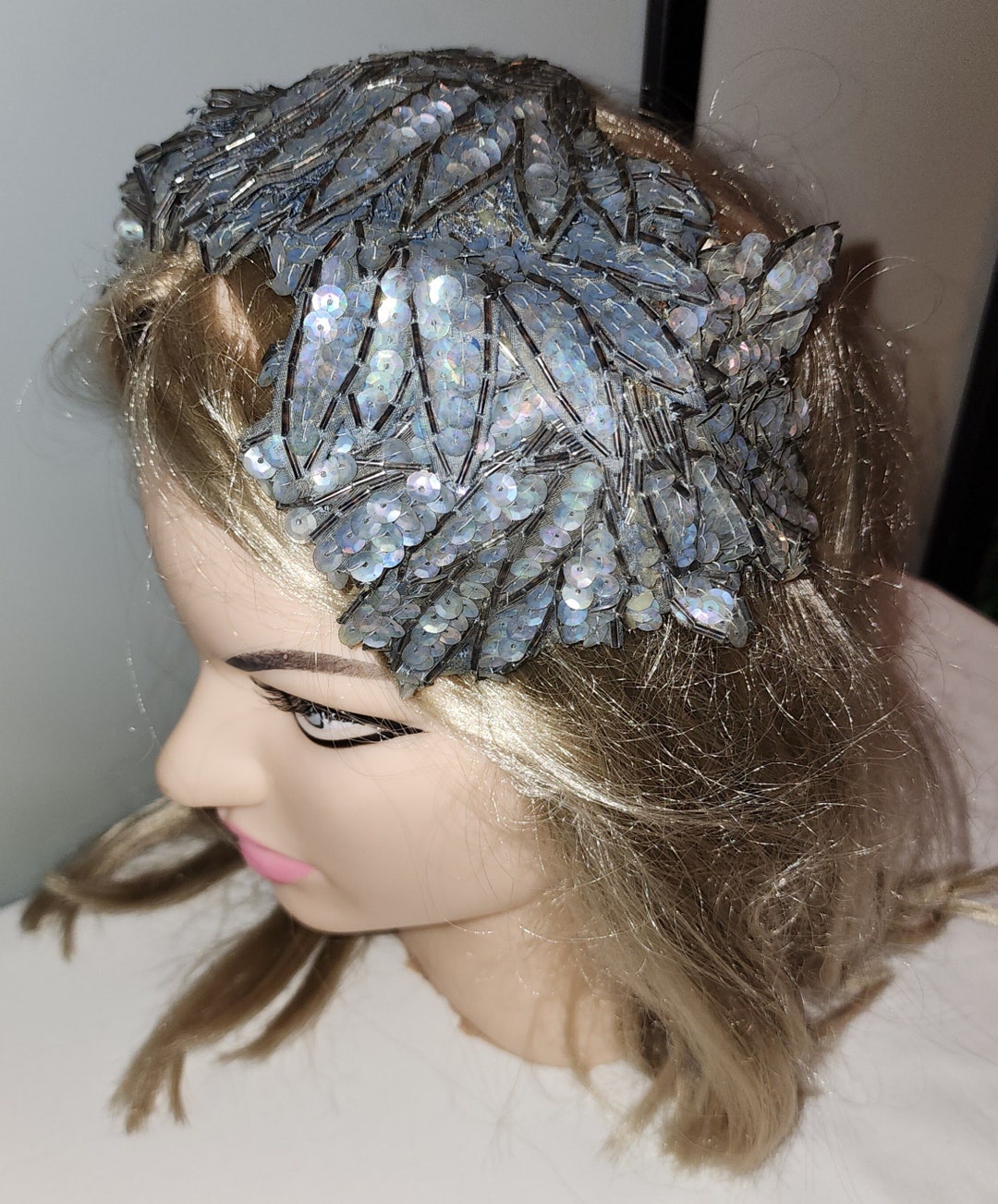 Vintage Half Hat 1950s Exquisite Small Light Blue Iridescent Sequin ...