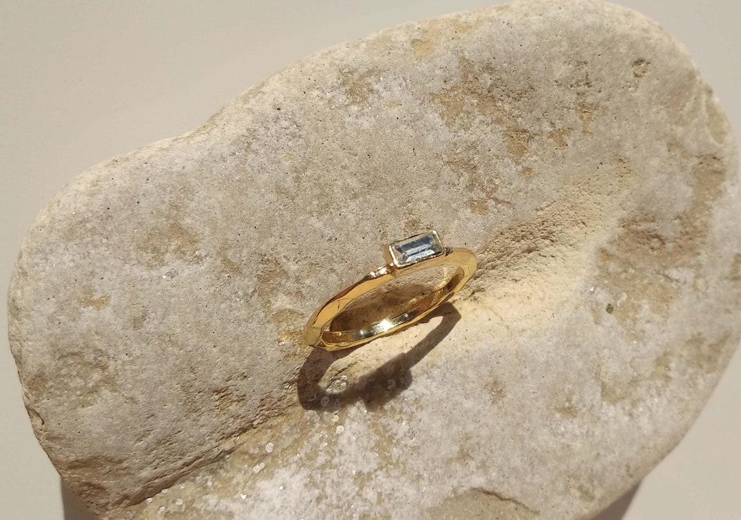 Baguette Gold Ring, Light Blue Gold Ring, Dainty Engagement Gold Ring ...