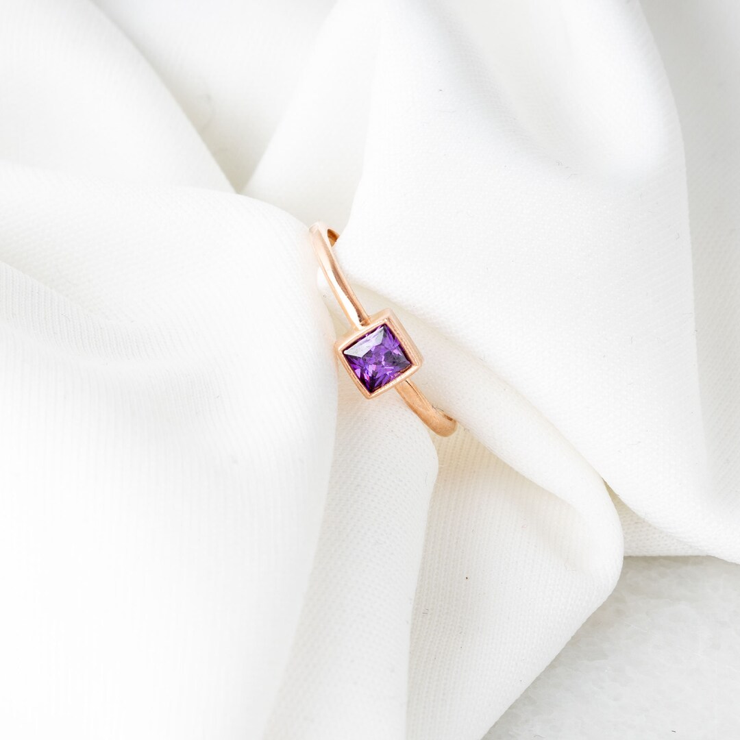 14k Solid Gold Amethyst Ring | Square Cut Amethyst Birthstone Ring for ...