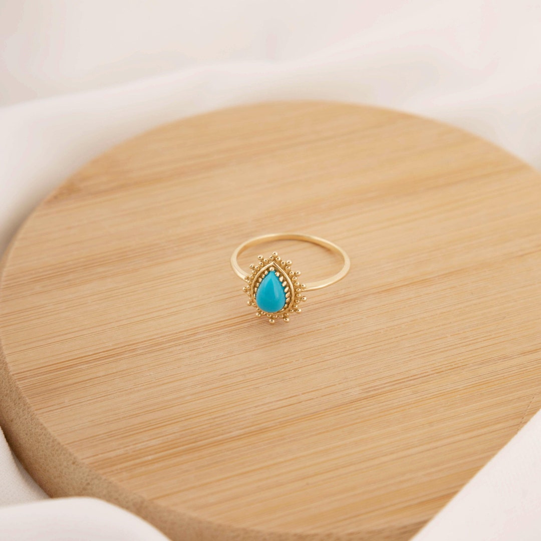 14k Solid Gold Turquoise Ring, Pear Shaped Blue Turquoise Gemstone Ring ...