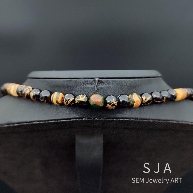 Tibetan Agate Mala Beads Necklace Black Onyx Gold Powder Meditation ...