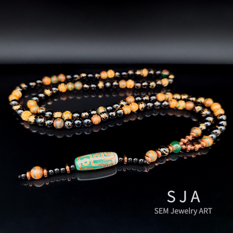 Tibetan Agate Mala Beads Necklace Black Onyx Gold Powder Meditation ...