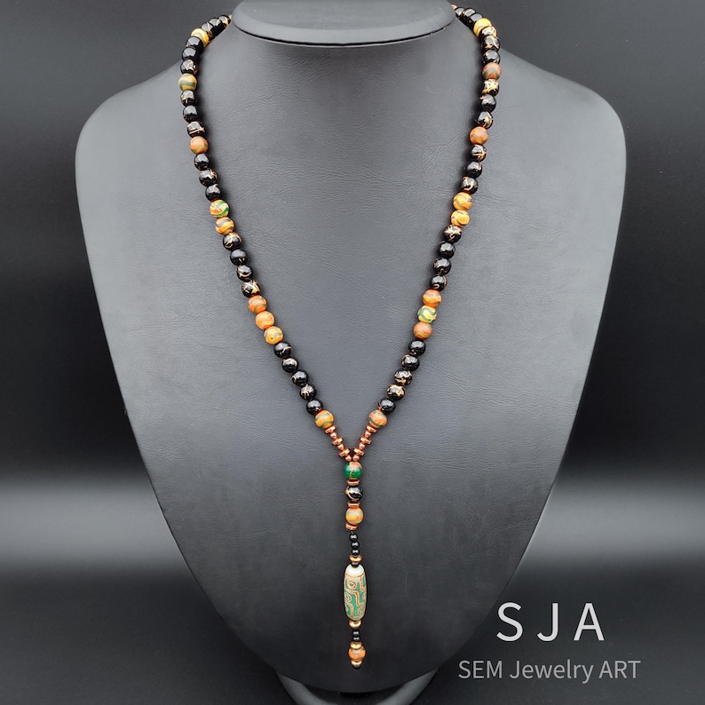 Tibetan Agate Mala Beads Necklace Black Onyx Gold Powder Meditation ...