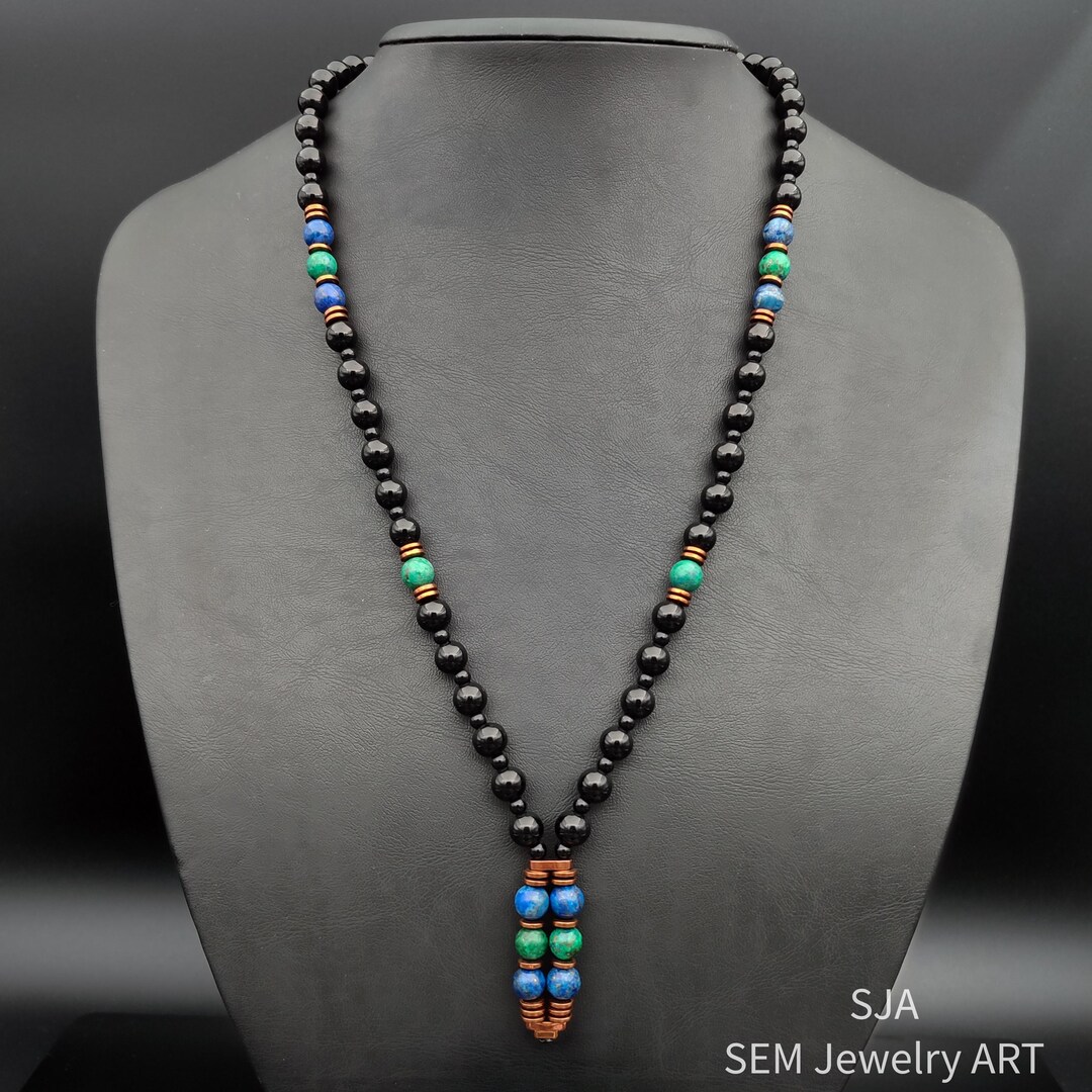 Azurite Necklace With Onyx Pendant • Long Beaded Jewelry Copper ...