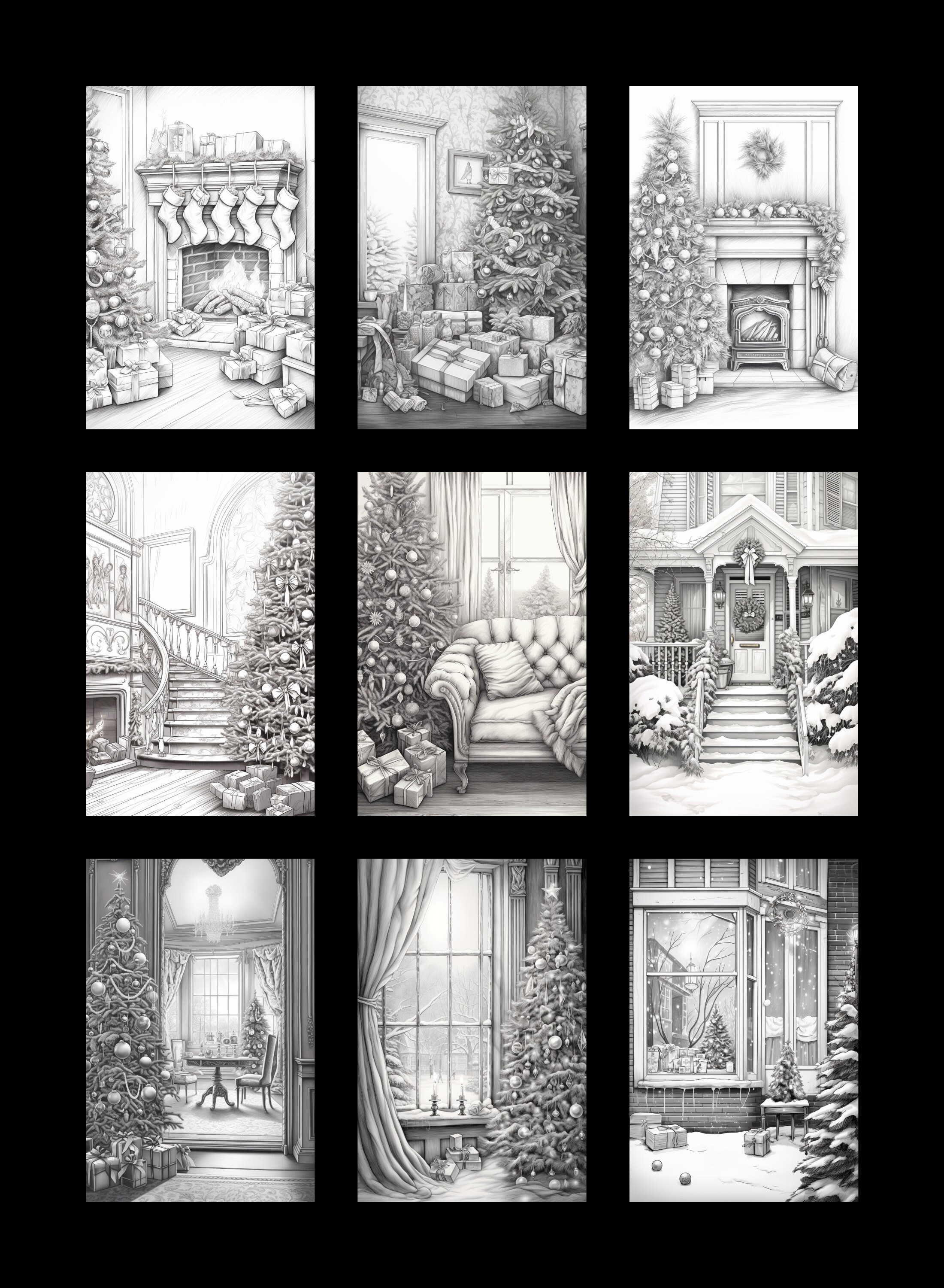 Coloring Book Christmas Interior, Grayscale Coloring, Interior Design ...