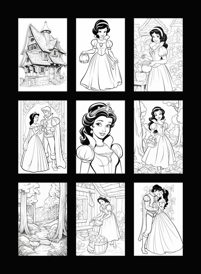Snow White Coloring Book, Kids Coloring Pages, Cartoon Picture PNG - Etsy