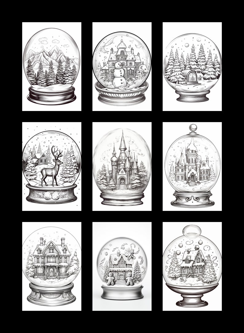 Snow Globe Coloring Book, Adult Coloring Sheet, Grayscale Coloring ...