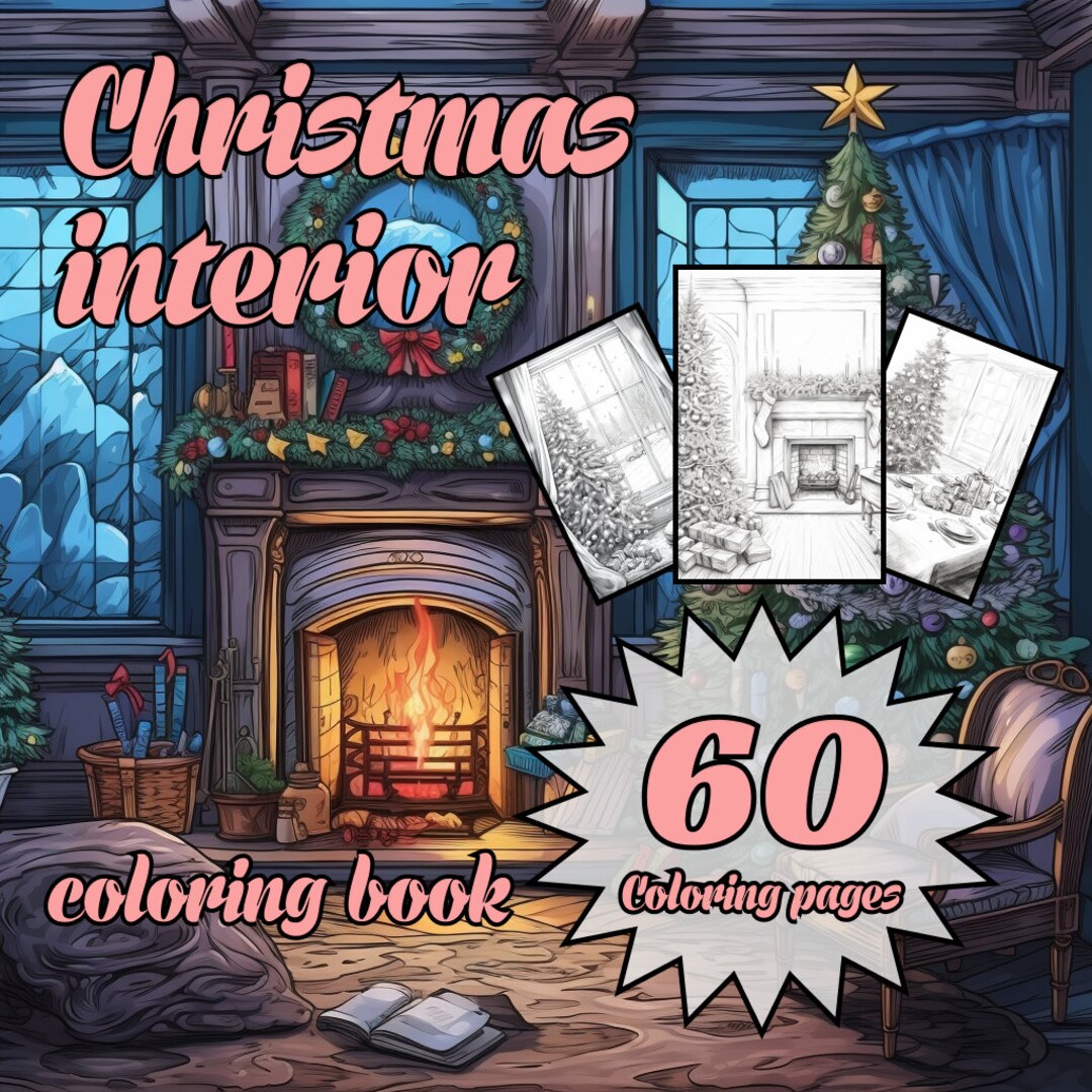 Coloring Book Christmas Interior, Grayscale Coloring, Interior Design ...