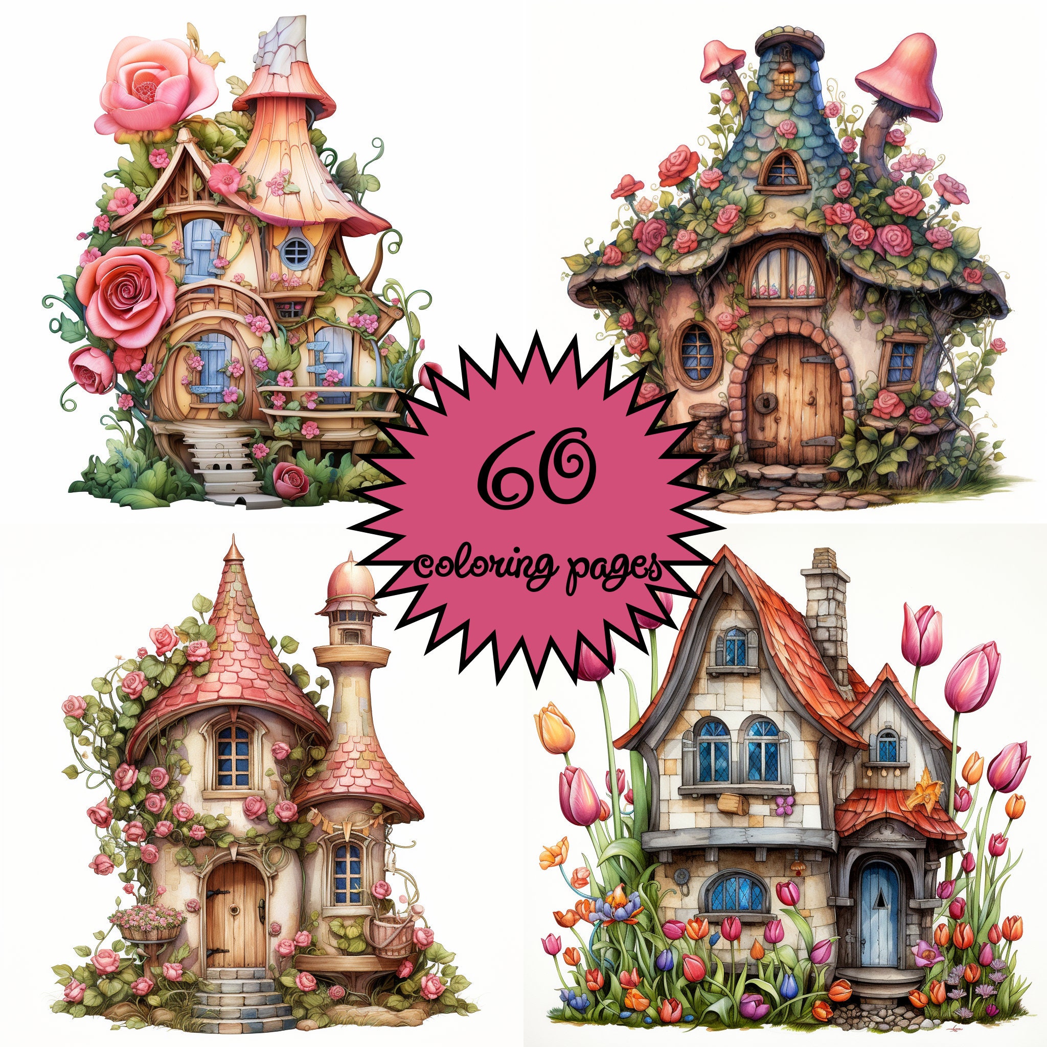 Flower Fairy House Coloring Book Fairy House Coloring Pages - Etsy