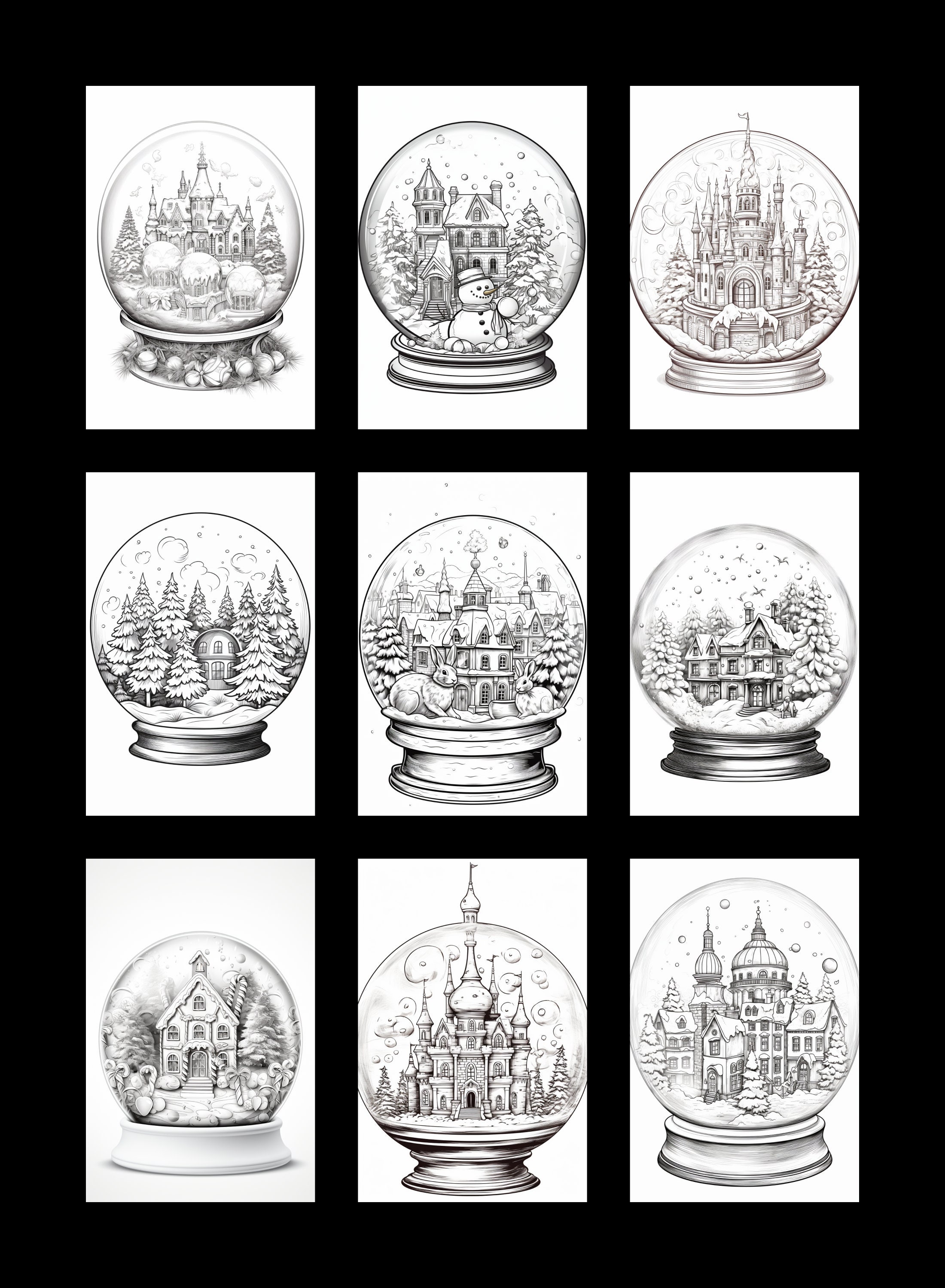 Snow Globe Coloring Book, Adult Coloring Sheet, Grayscale Coloring ...