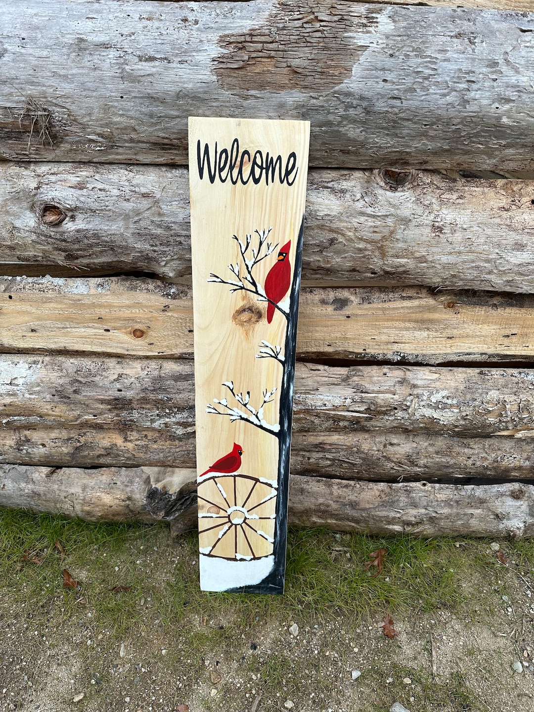 Winter Welcome Sign With Cardinals, Handmade Rough Cut Wooden Sign ...