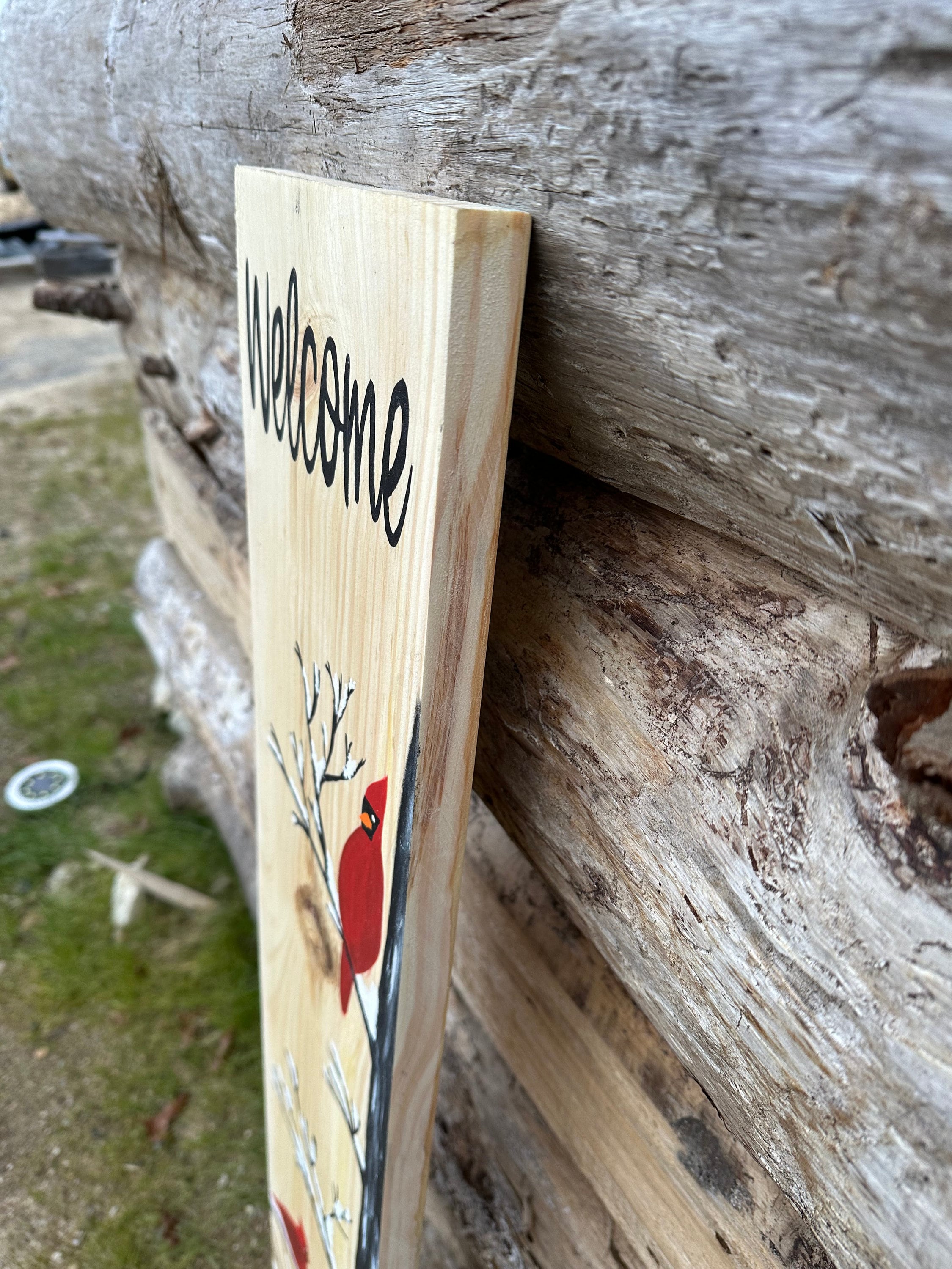 Winter Welcome Sign With Cardinals, Handmade Rough Cut Wooden Sign ...