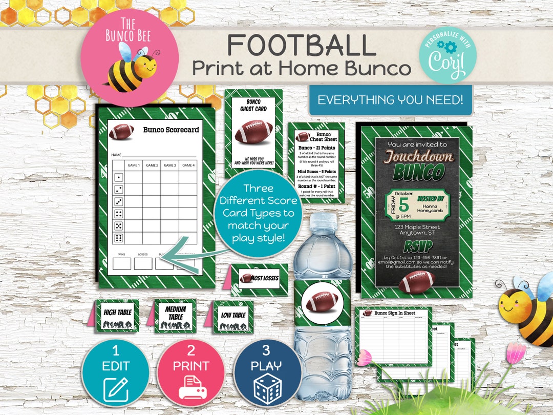 Football Bunco Party Pack - Printable Invitation, Sign-in, Name Tags ...