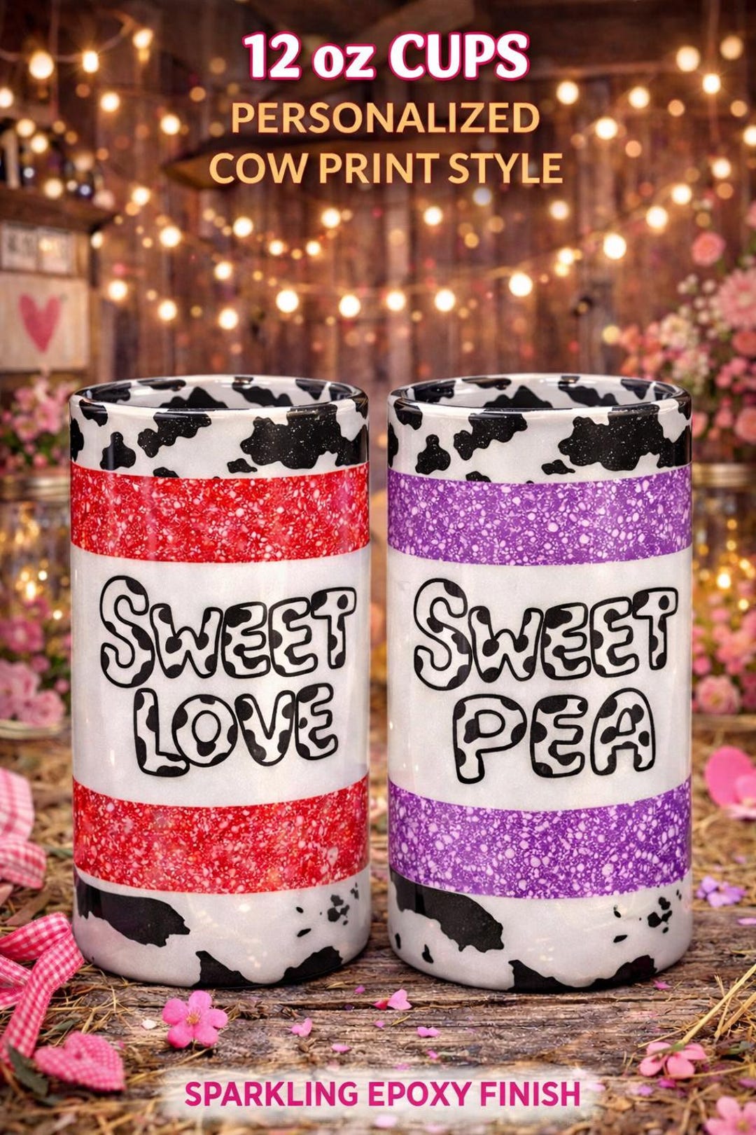 Personalized Cow Print 12 Oz Cup | Western Tumbler | Sparkling Epoxy ...