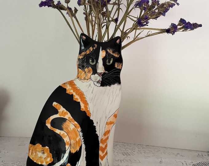 Cats by Nina, Calico Tabby Cat Vase or Planter, 11.25" Tall, Vintage - Etsy