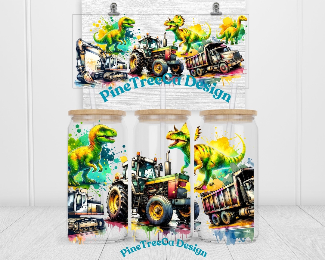 Dinosaurs and Trucks 16oz Sipper Glass Kids Dino Vehicles Construction ...