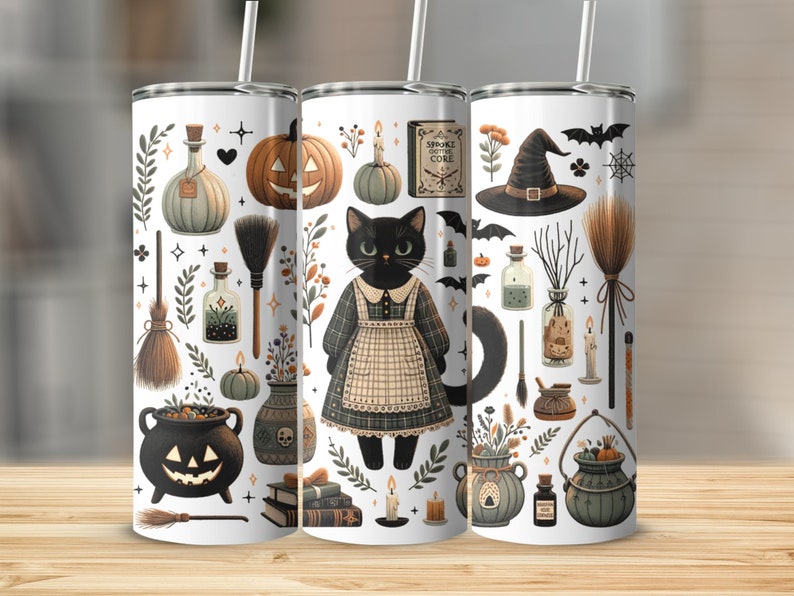 Spooky Cottage Core Halloween PNG 20oz Tumbler Wrap: Vintage Black Cats ...