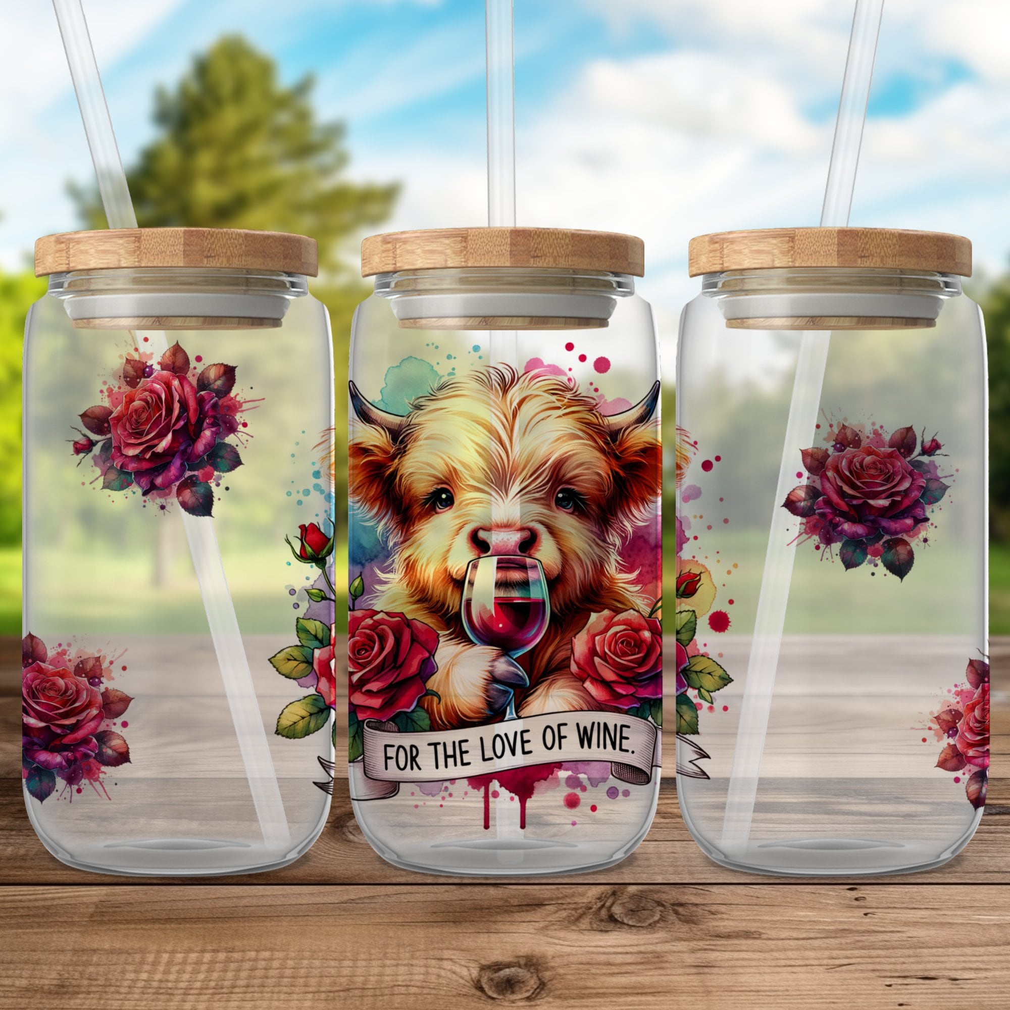 16 Oz Sipper Design, Cow Rose Floral Wine Art, Digital Download ...