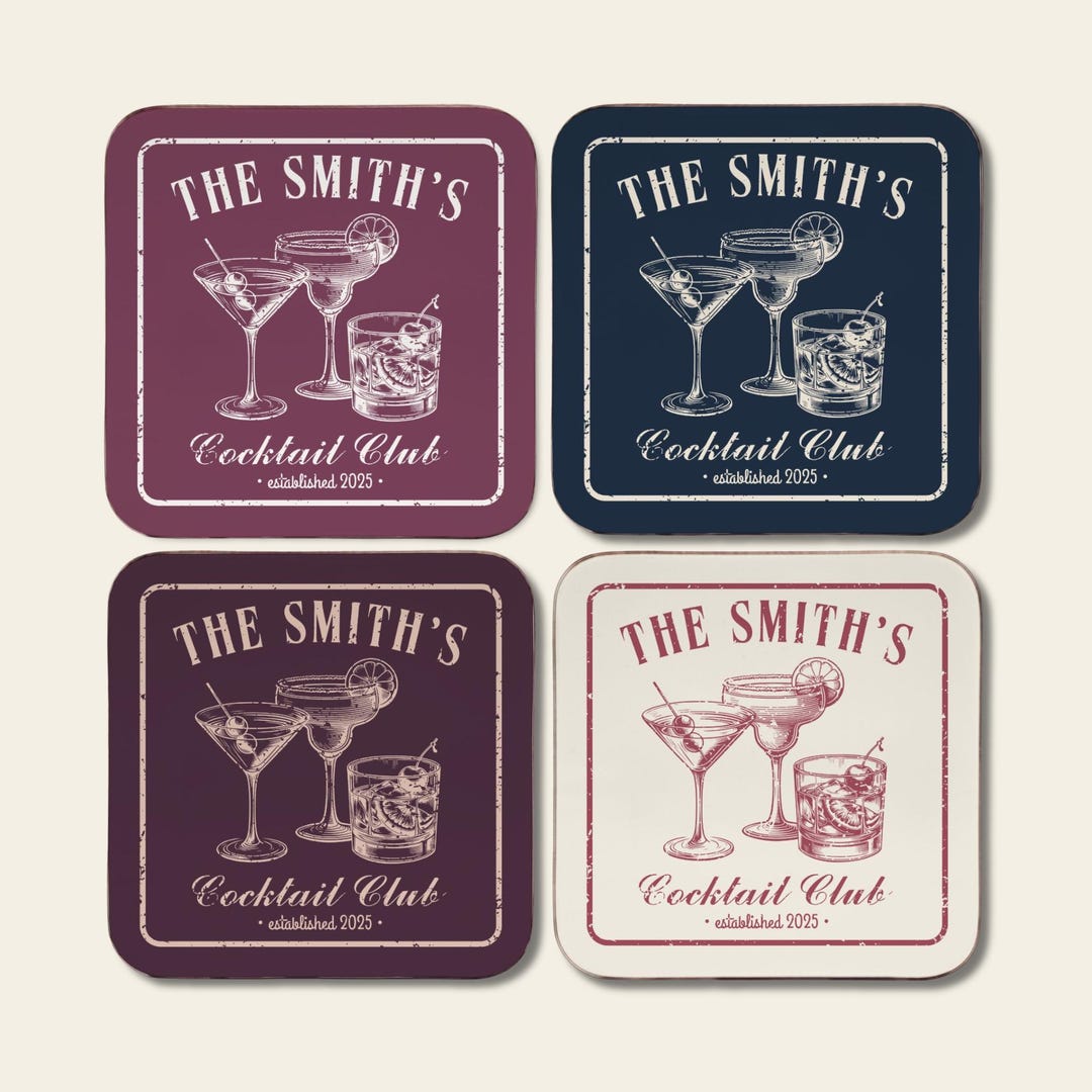 Personalized Cocktail Coasters Custom Bar Coaster Set Family Name ...