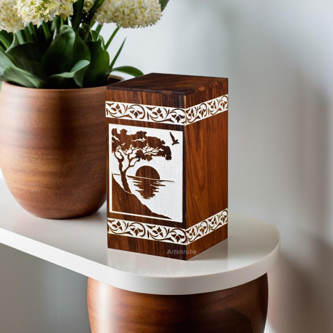 Wooden Urns - Nature-inspired Engraved White Inlay Cremation Urns for ...