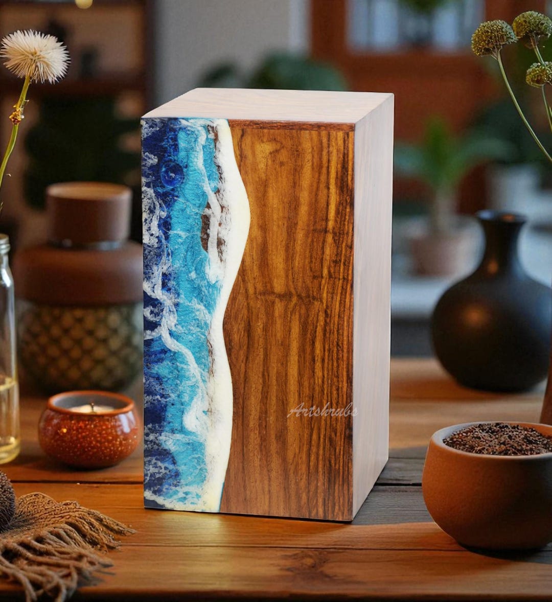 Handmade Rosewood Cremation Urn: Blue Ocean Wave Resin Inlay - Etsy