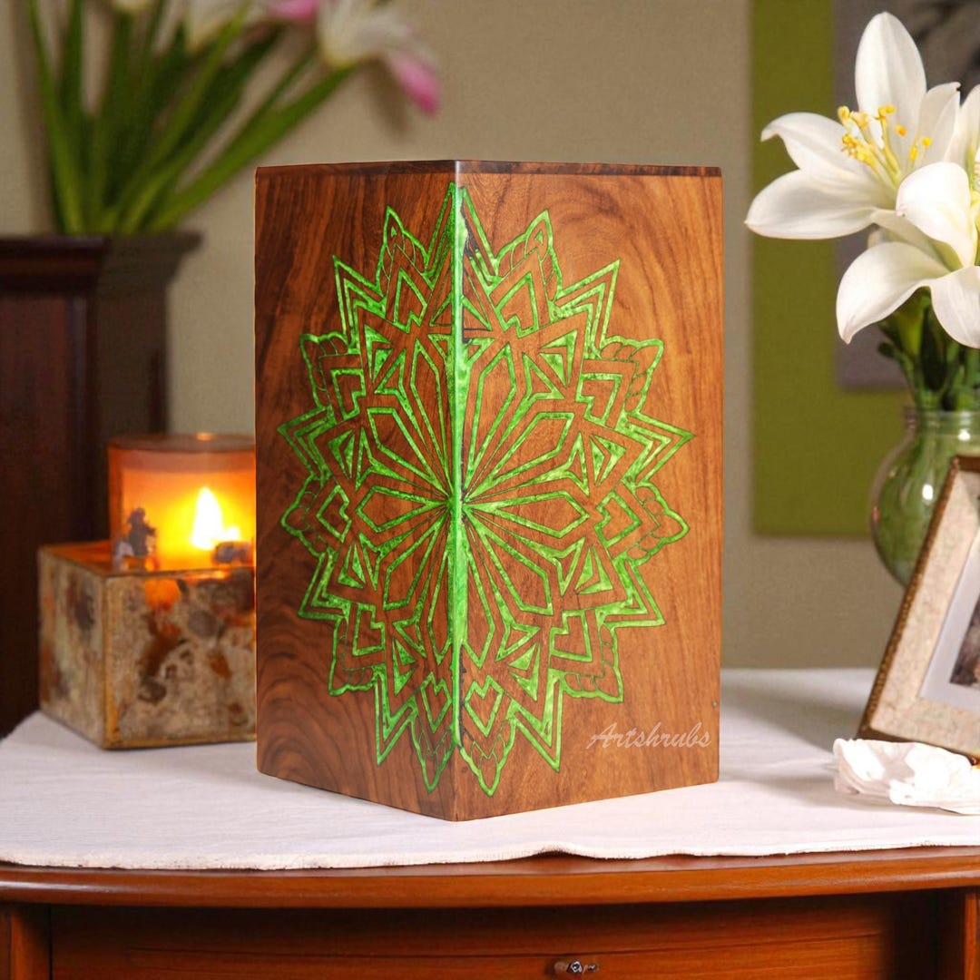 Handmade Rosewood Cremation Urn: Green Floral Resin Inlay - Etsy