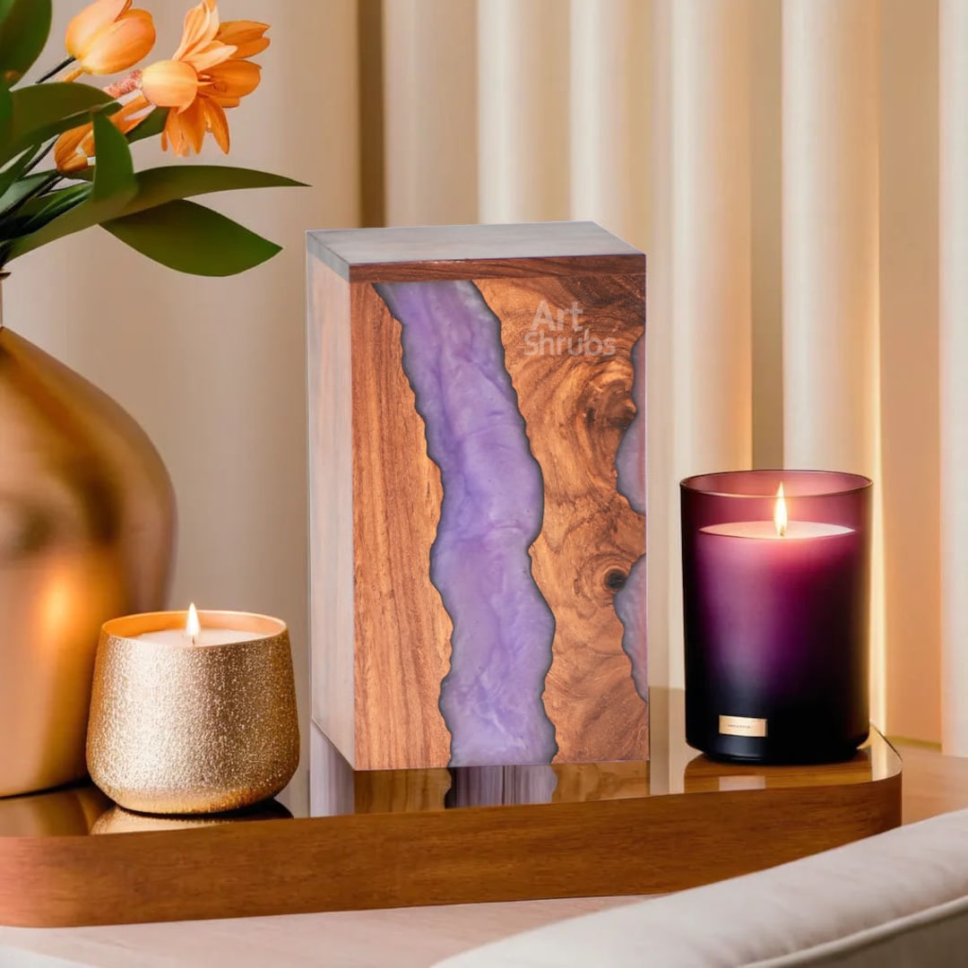 Purple Resin & Rosewood Cremation Urn for Human Ashes | Wooden Resin ...