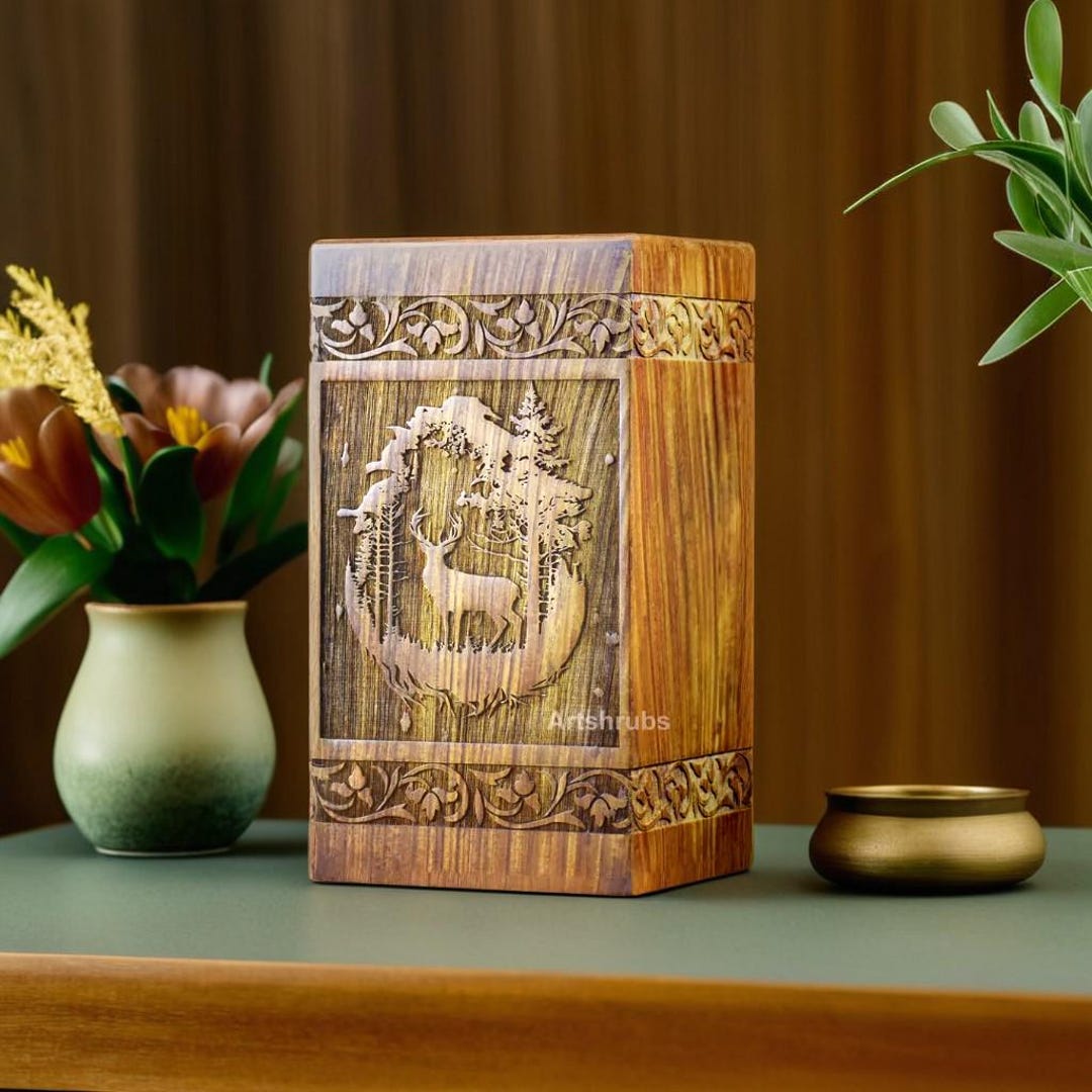 Personalized Rosewood Urn: Engraved Deer & Forest, Memorial Keepsake - Etsy