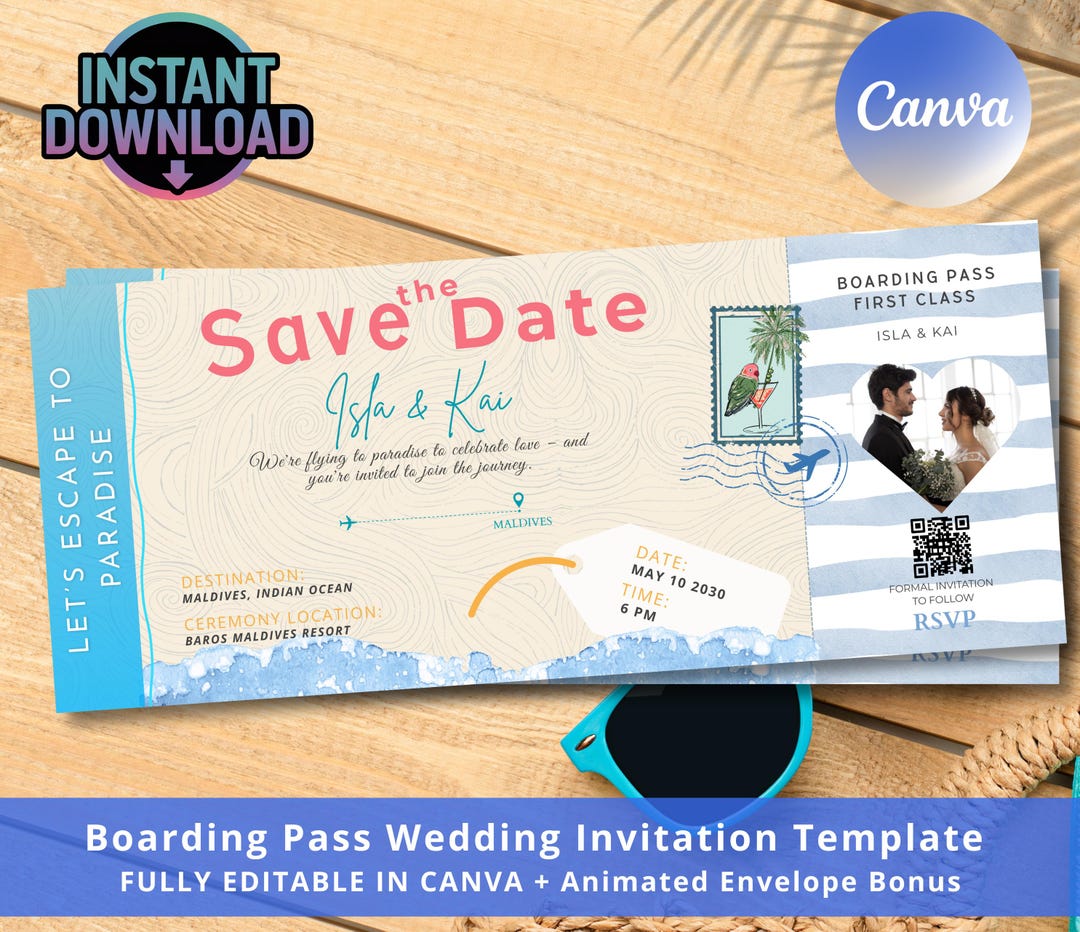 Maldives Boarding Pass Wedding Invitation Template Tropical Beach Save ...
