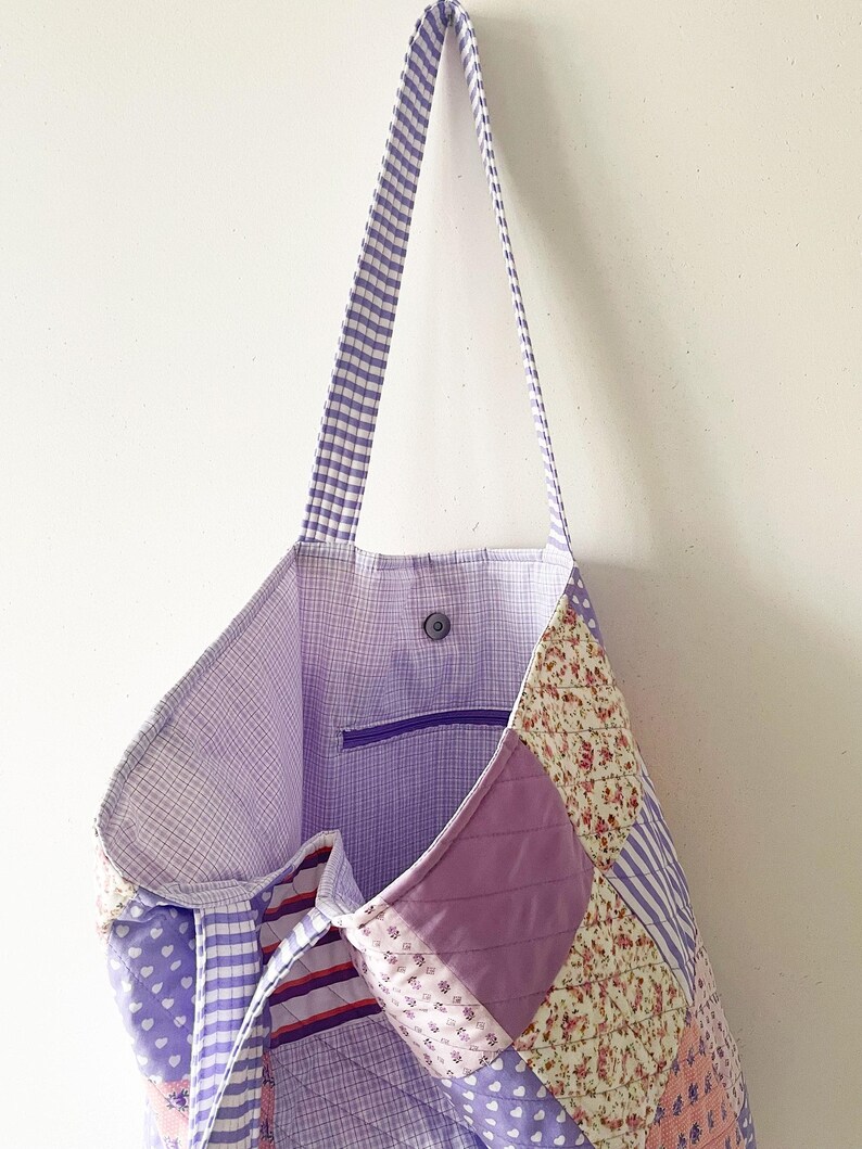Lavender Patchwork Tote Bag With Zipper Pocket, Large Market Bag, Beach Bag, Everyday Tote ...
