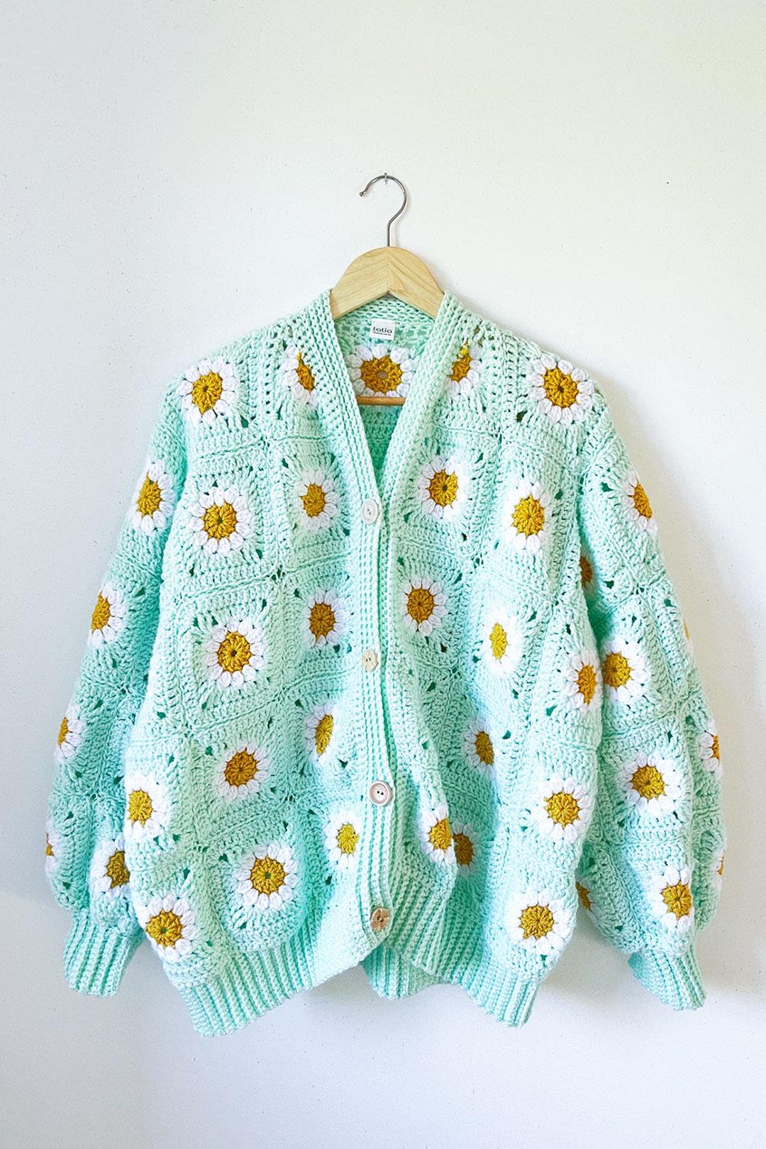 Handmade Daisy Granny Square Crochet Cardigan in Macaron Green Boho Chic Daisy Granny Square ...