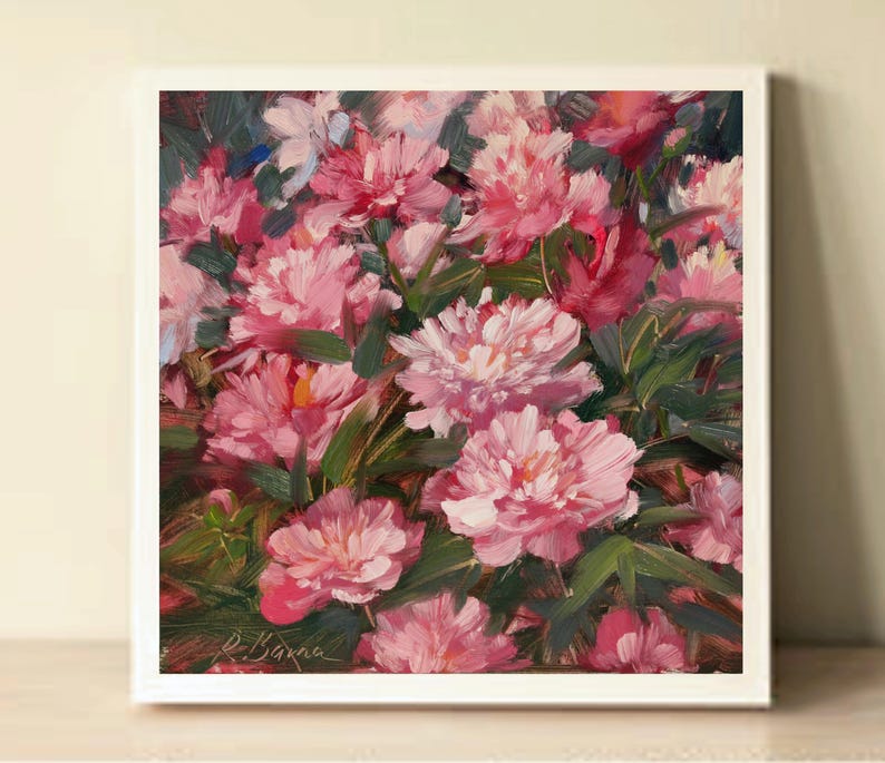 Pink Peony Floral Oil Painting Impressionist Garden Wall Art Botanical ...
